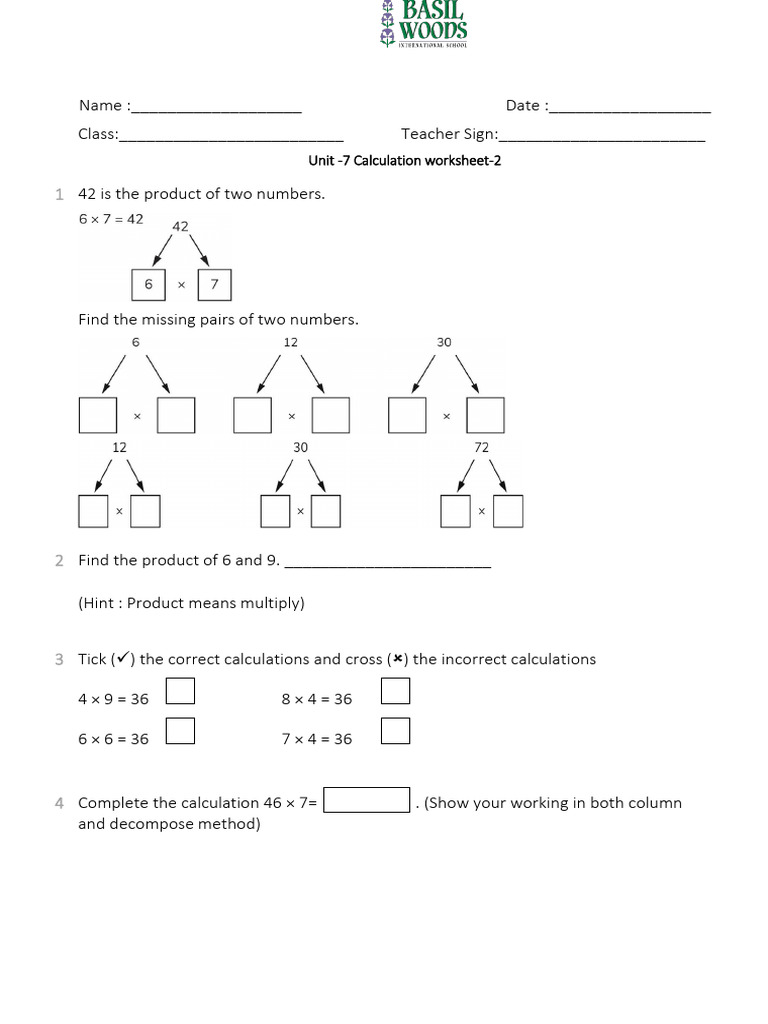 Grade 3 Unit 7 Practise Worksheet-Multiplication-2 | PDF ...