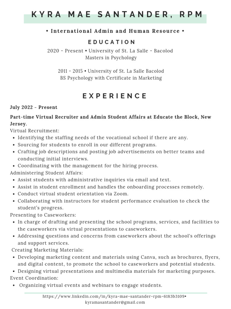 Updated CV Santander Kyra Mae | PDF | Recruitment | Payroll