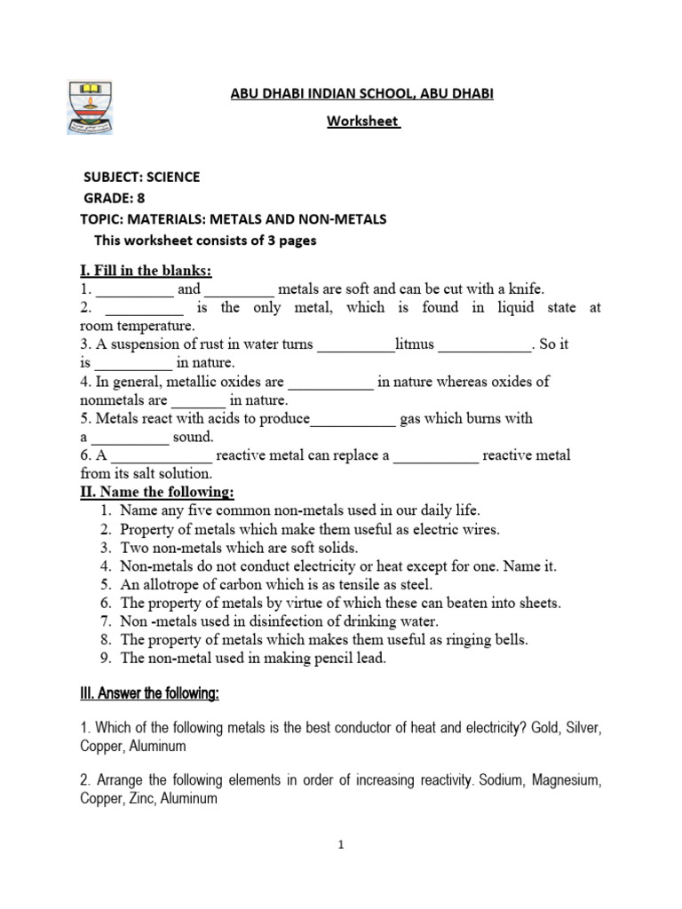 Worksheet Metal Non Metal | PDF | Metals | Copper