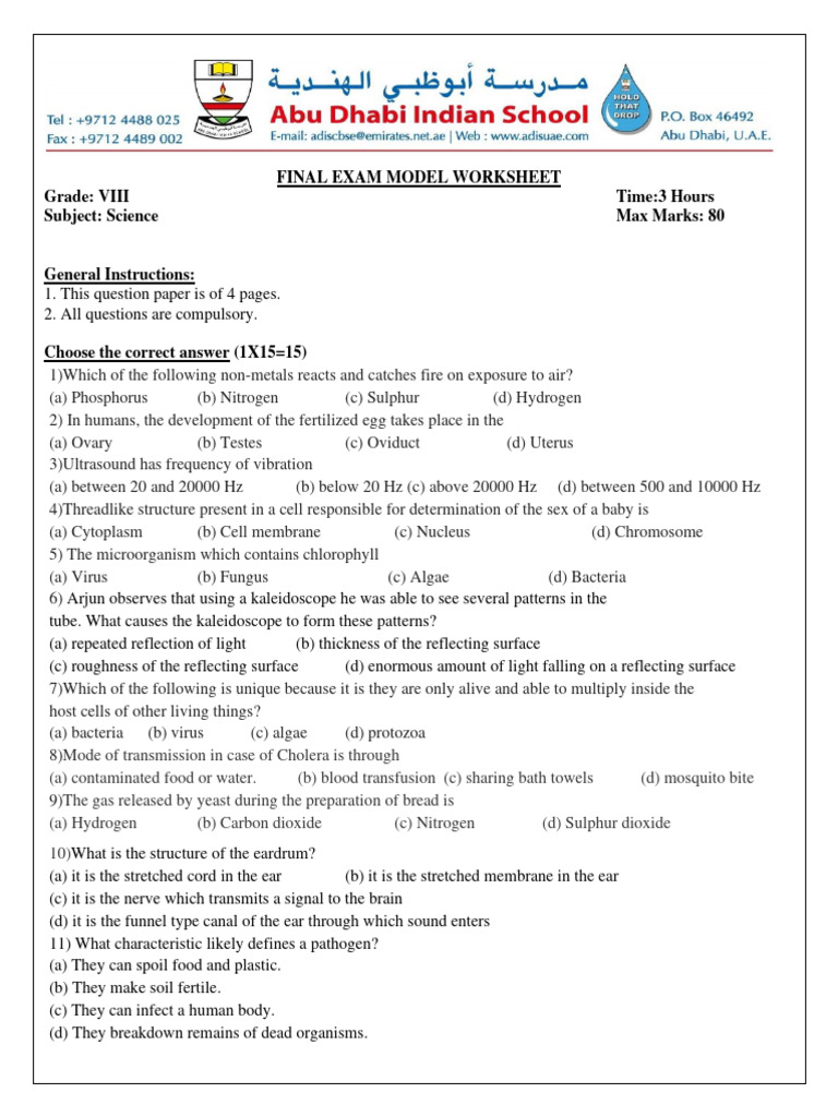 Grade 8 Science Final Exam Model Worksheet | Download Free PDF ...