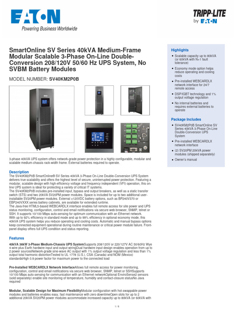 Smartonline SV Series 40kva Medium-Frame Modular Scalable 3-Phase On-Line Double-Conversion 208 ...