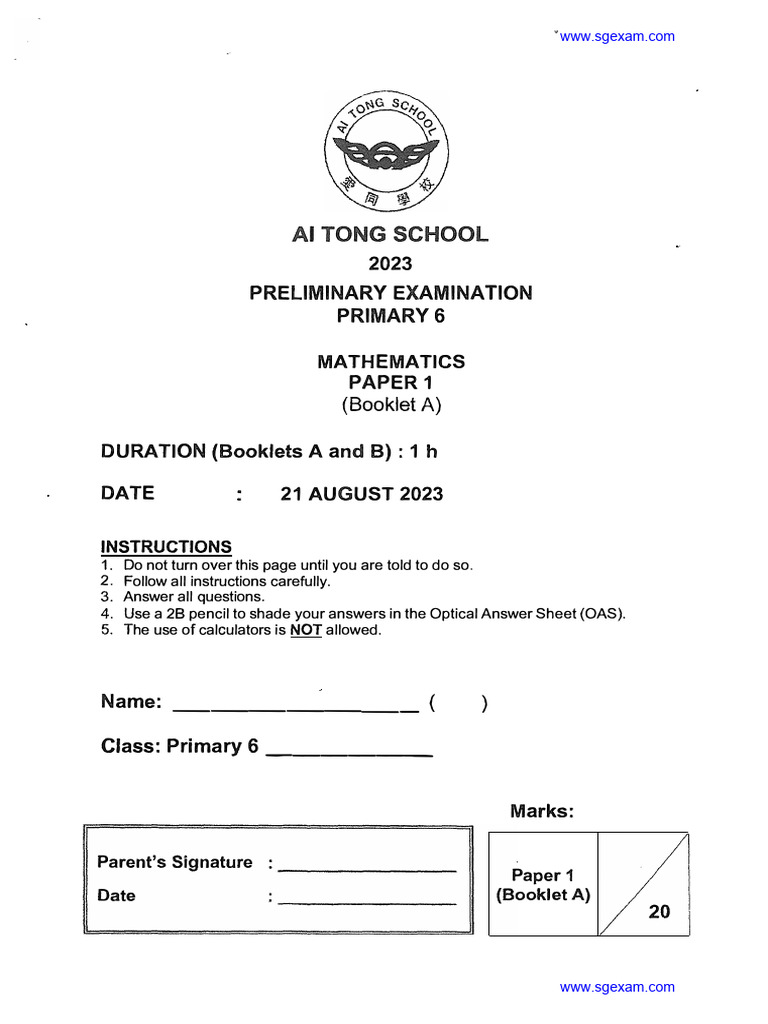 2023 P6 Maths Prelim Ai Tong | PDF | Mathematics