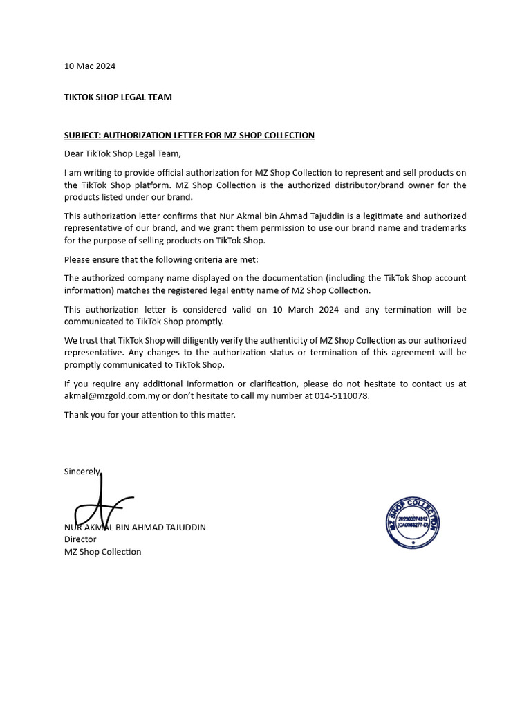 Authorise Letter To Tiktok | PDF