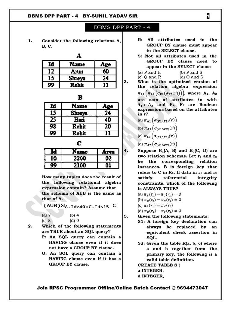DBMS DPP 4 | Download Free PDF | Relational Model | Data Model