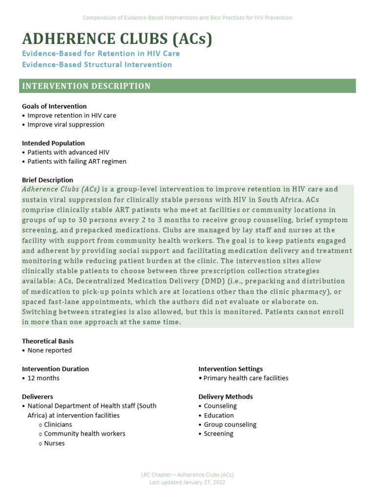 Cdc-Hiv-Adherence Clubs LRC Ebi Retention | PDF | Evidence Based ...
