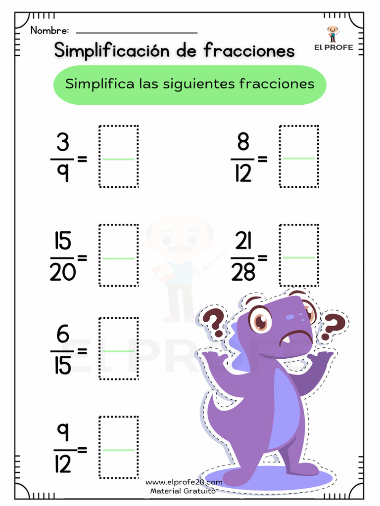 Ejercicios de Simplificacion de Fracciones Elprofe20 | PDF