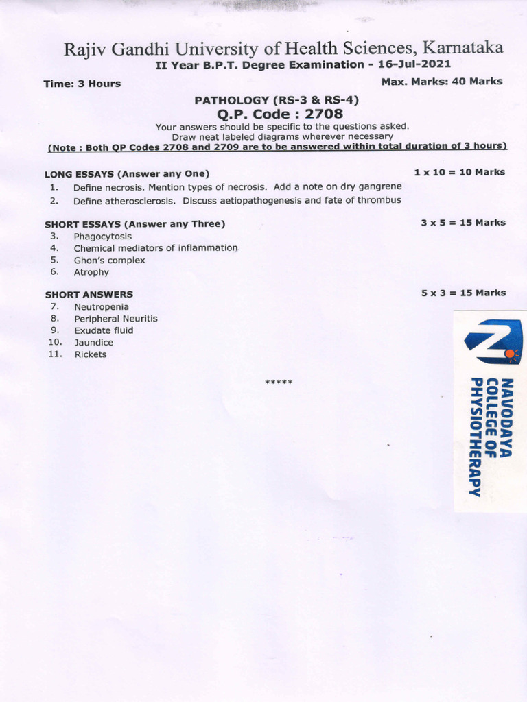 Rguhs 2nd Bpt July 2021 Qp | PDF