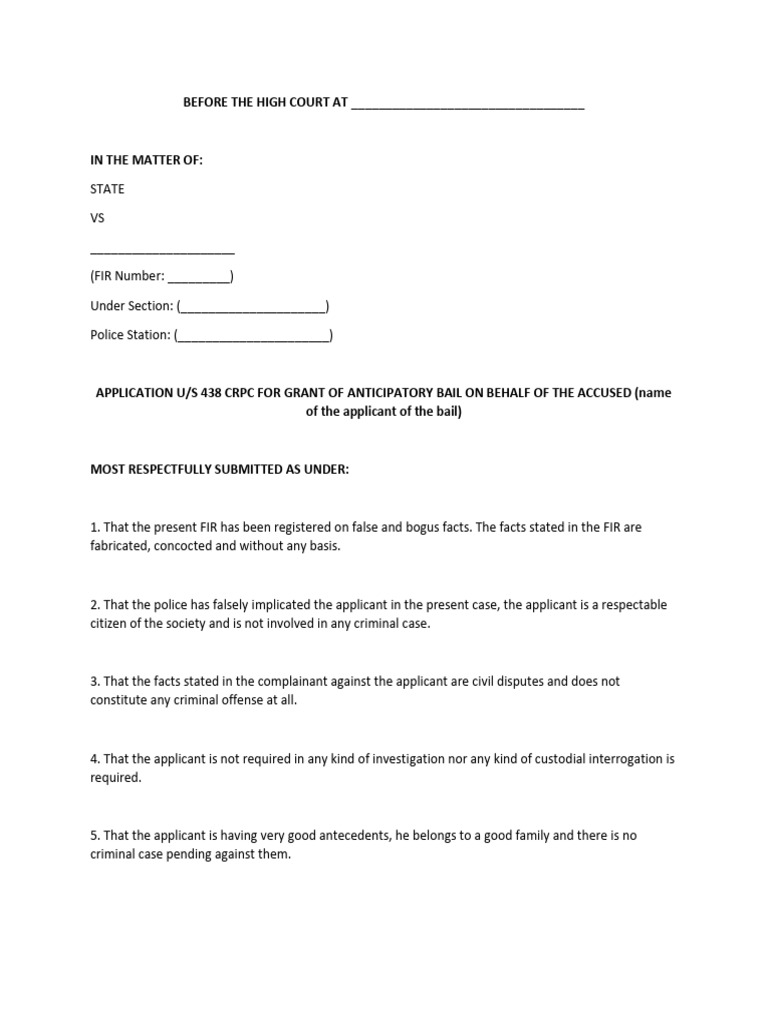 Anticipatory Bail Application Format | PDF | Bail | Common Law