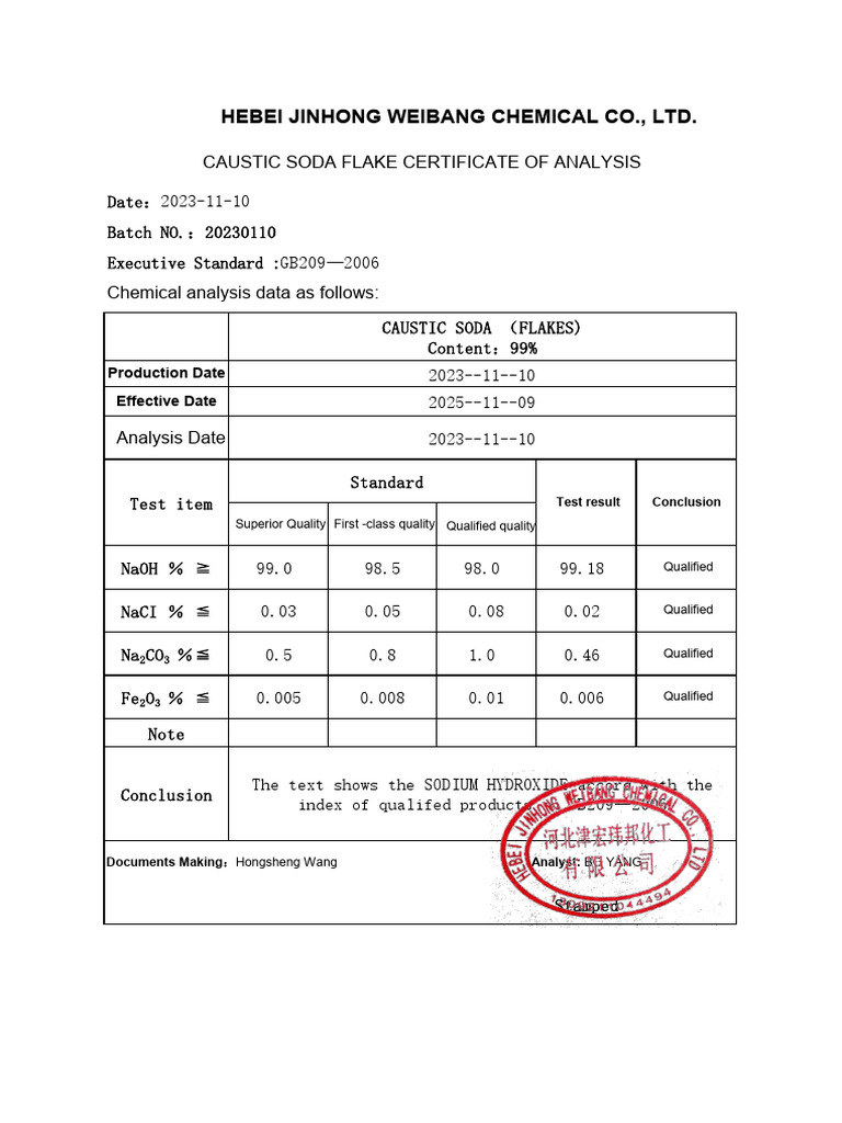 3 - 99% Caustic Soda Flakes COA | PDF
