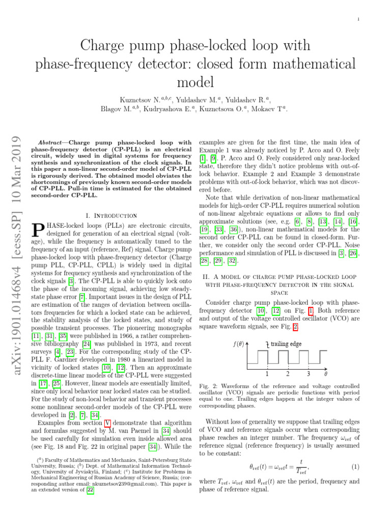 Charge Pump Phase-Locked Loop With Phase-Frequency Detector: Closed Form Mathematical Model ...