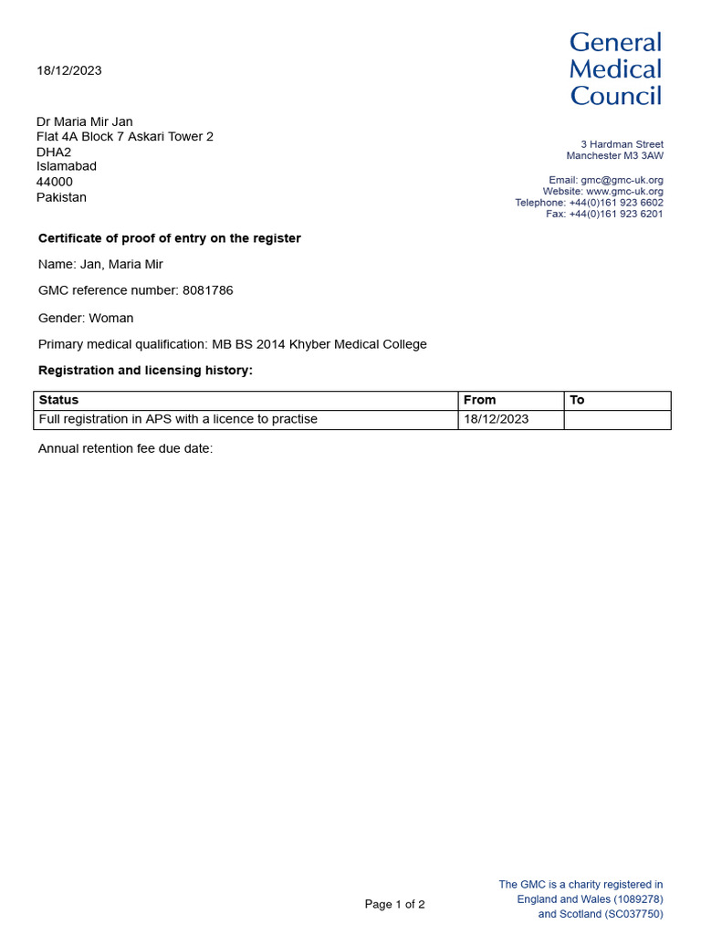 GMC Registration Certificate for Maria Jan | PDF | Medicine | Health Care