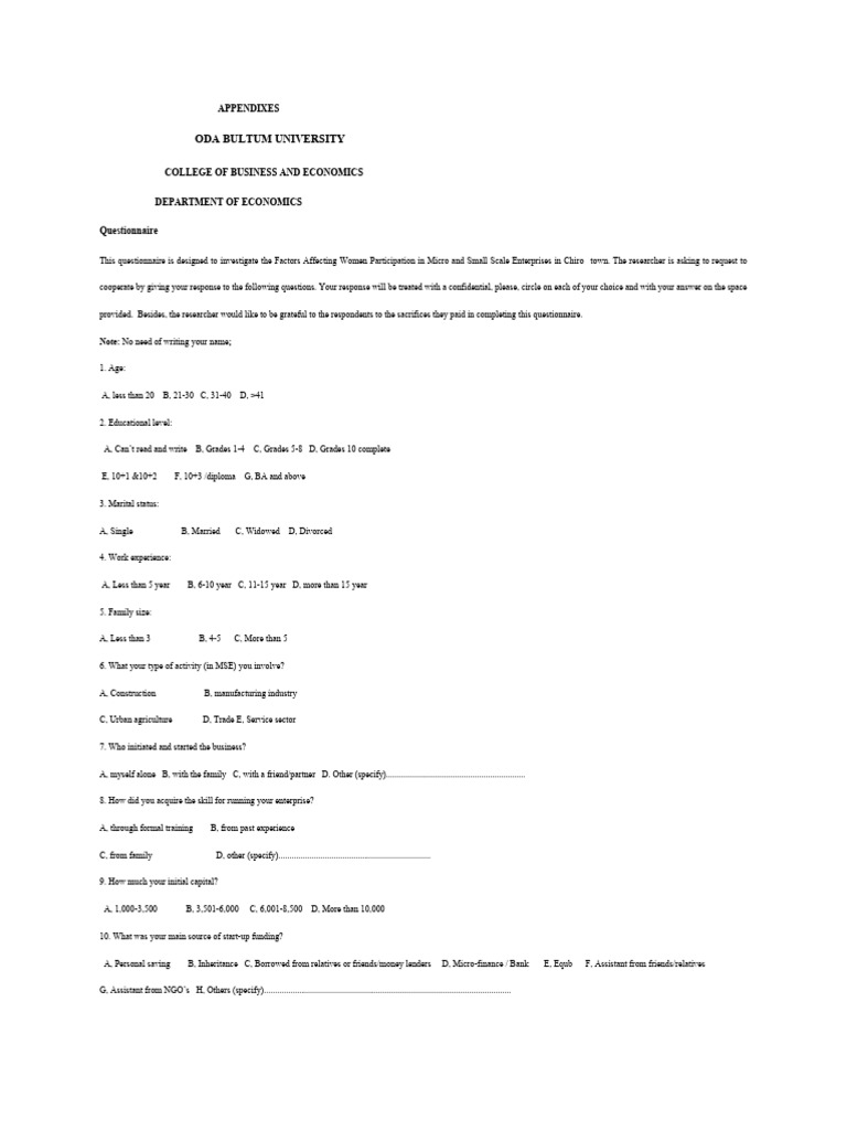 Ermias Questioner | PDF | Microfinance | Economies