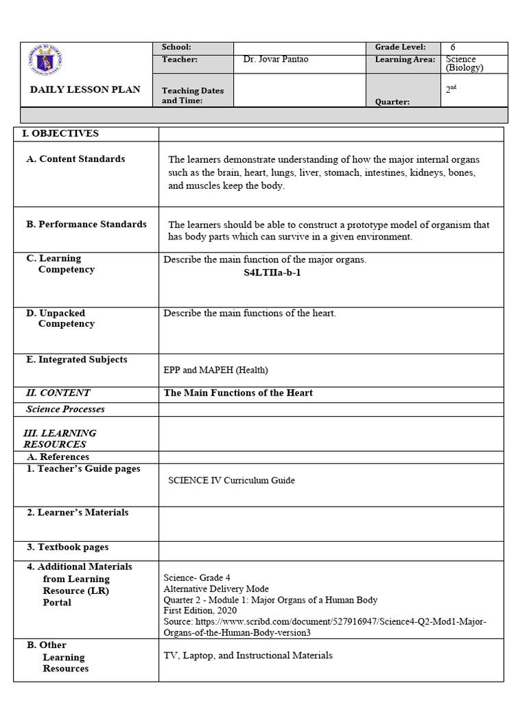Template Science Lesson Plan | PDF | Blood | Heart