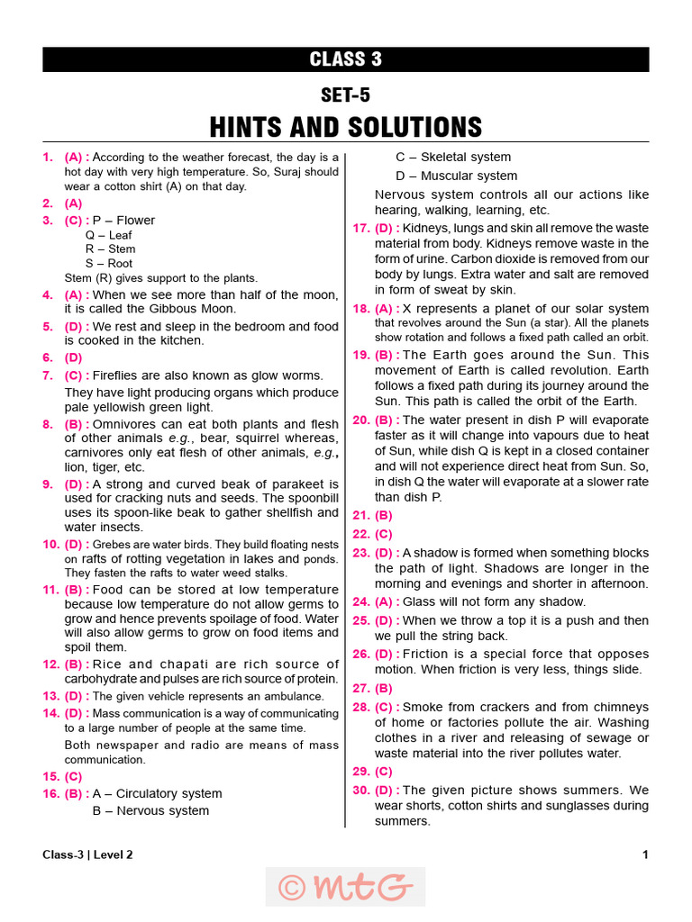 Nso Level2 Solution Class 3 Set 5 | PDF | Water | Foods