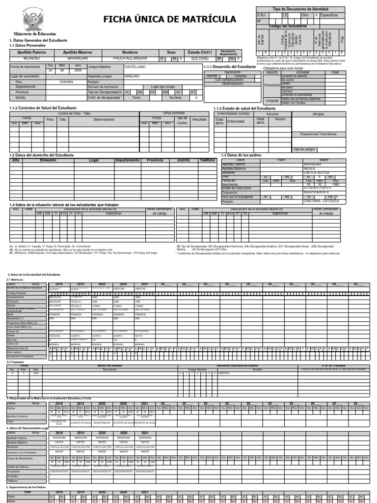 MORENO BARRAGAN PAULA ALEJANDRA - FICHA UNICA DE MATRICULA - Javier Romero | PDF | Documento de ...