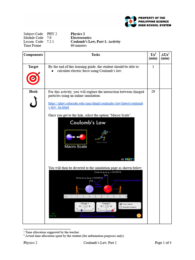 SLG_Phy 2_Module 7.0_Lesson 7.2.1 Coulombs Law, Part 1 | PDF | Force | Mechanics