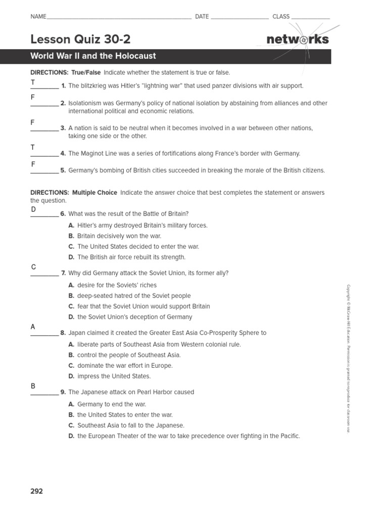 Lesson Quiz 30-2: World War II and The Holocaust | PDF | Travel