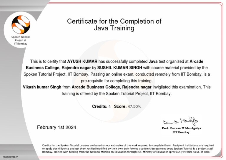 AYUSH KUMAR Java Certificate | PDF AYUSH KUMAR Java Certificate | PDF