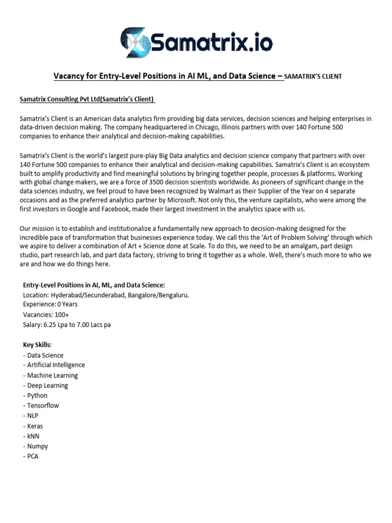 Samatrix's Client JD - Entry-Level Position in AI ML & Data Science ...