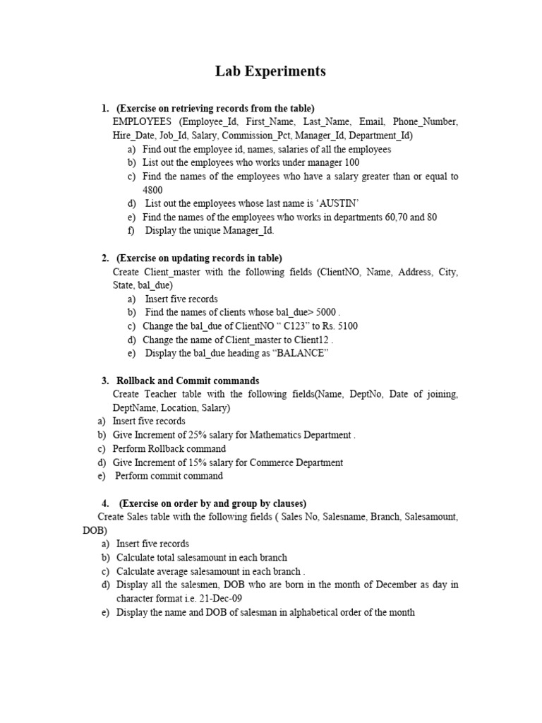 RDBMS Lab Questions | Download Free PDF | Pl/Sql | Sql