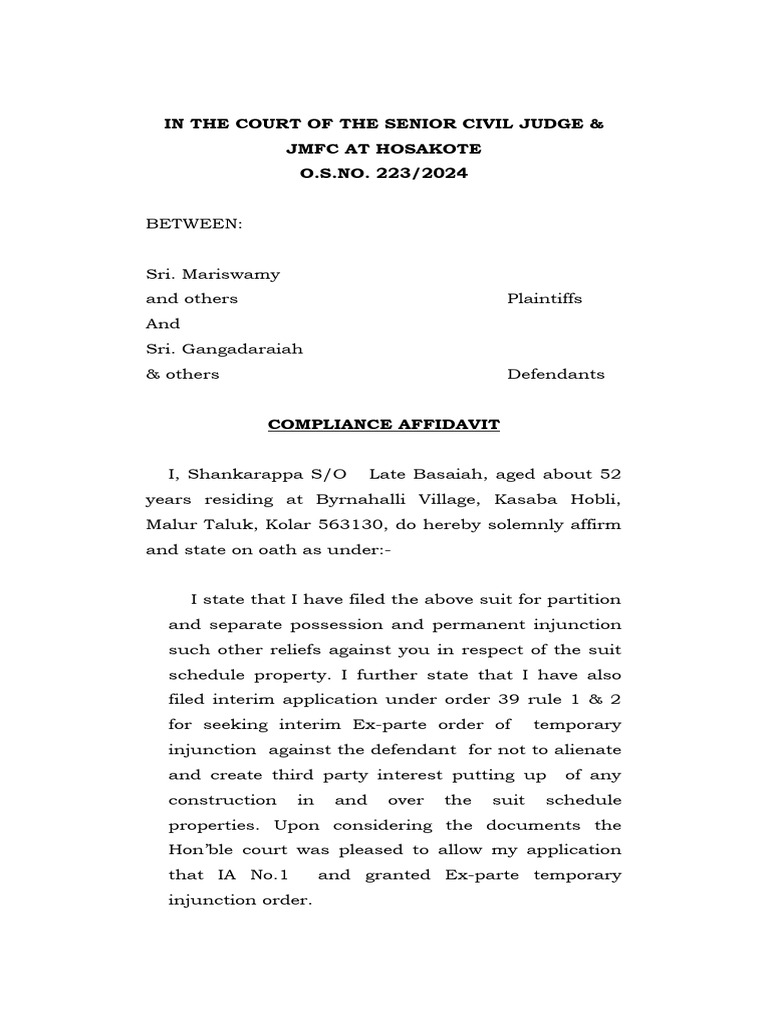 COMPLIANCE AFFIDAVIT Order 39 Rule 1 & 2 | PDF | Affidavit | Lawsuit
