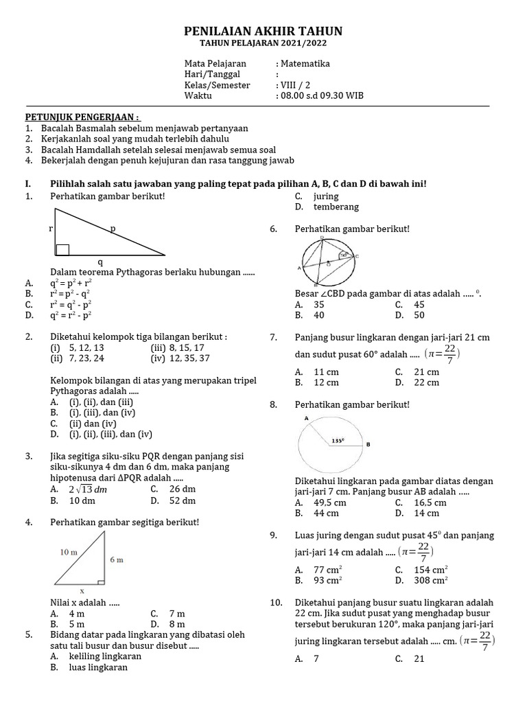 Soal PAT MTK Kelaas VIII | PDF