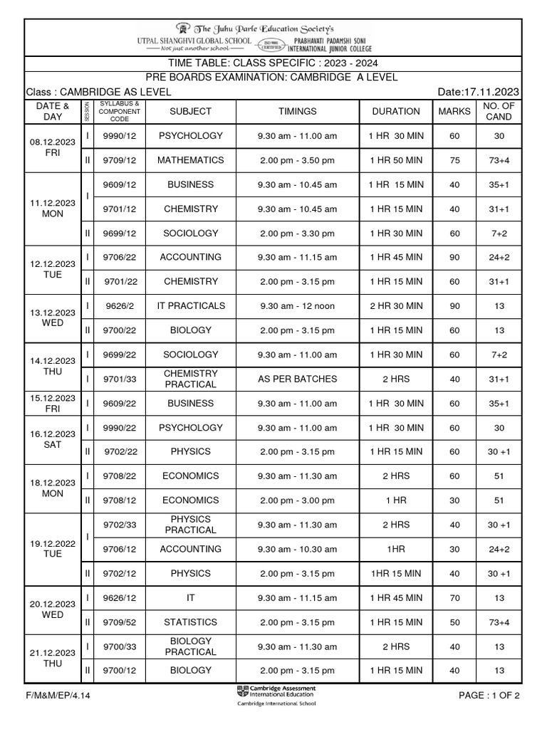 AS Level Exam Timetable 2023 | PDF