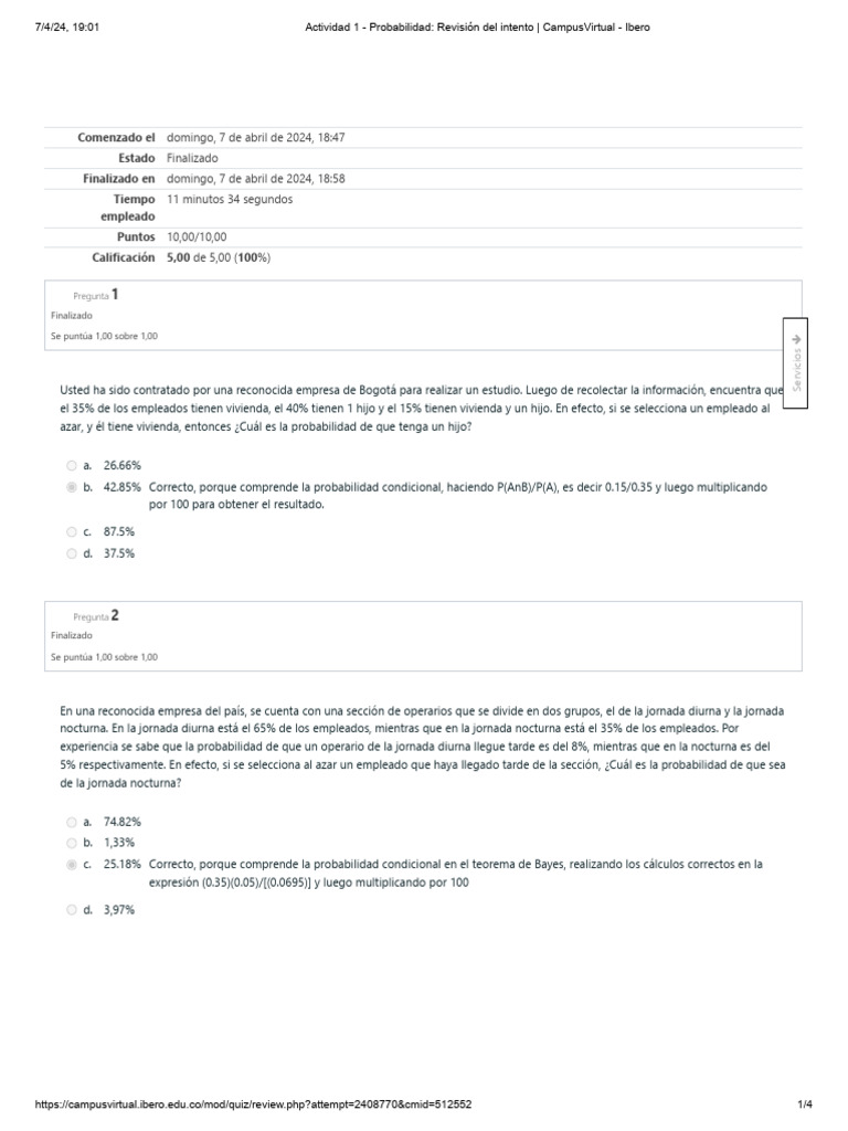 Actividad 1 - Probabilidad - Revisión Del Intento - CampusVirtual - Ibero . | PDF | Probabilidad ...