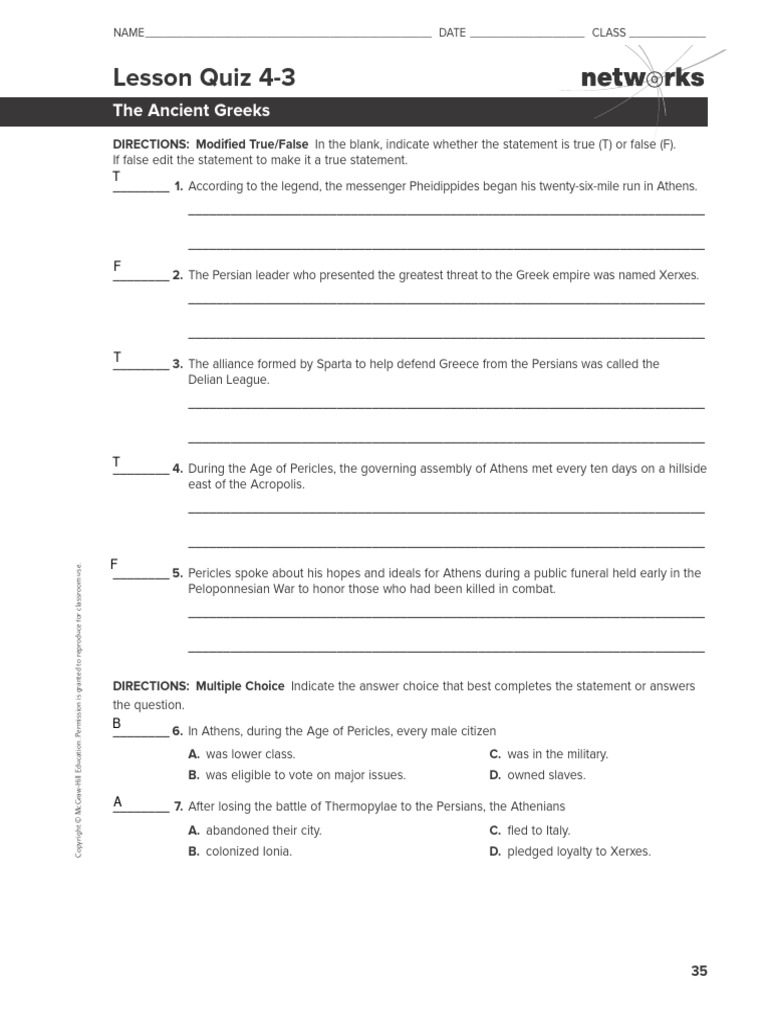 Lesson Quiz 4-3: The Ancient Greeks | PDF | 1st Millennium Bc ...