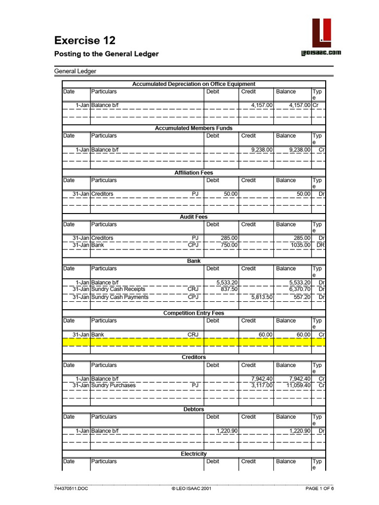 Exercise12 Gen Ledger | PDF | Debits And Credits | Business