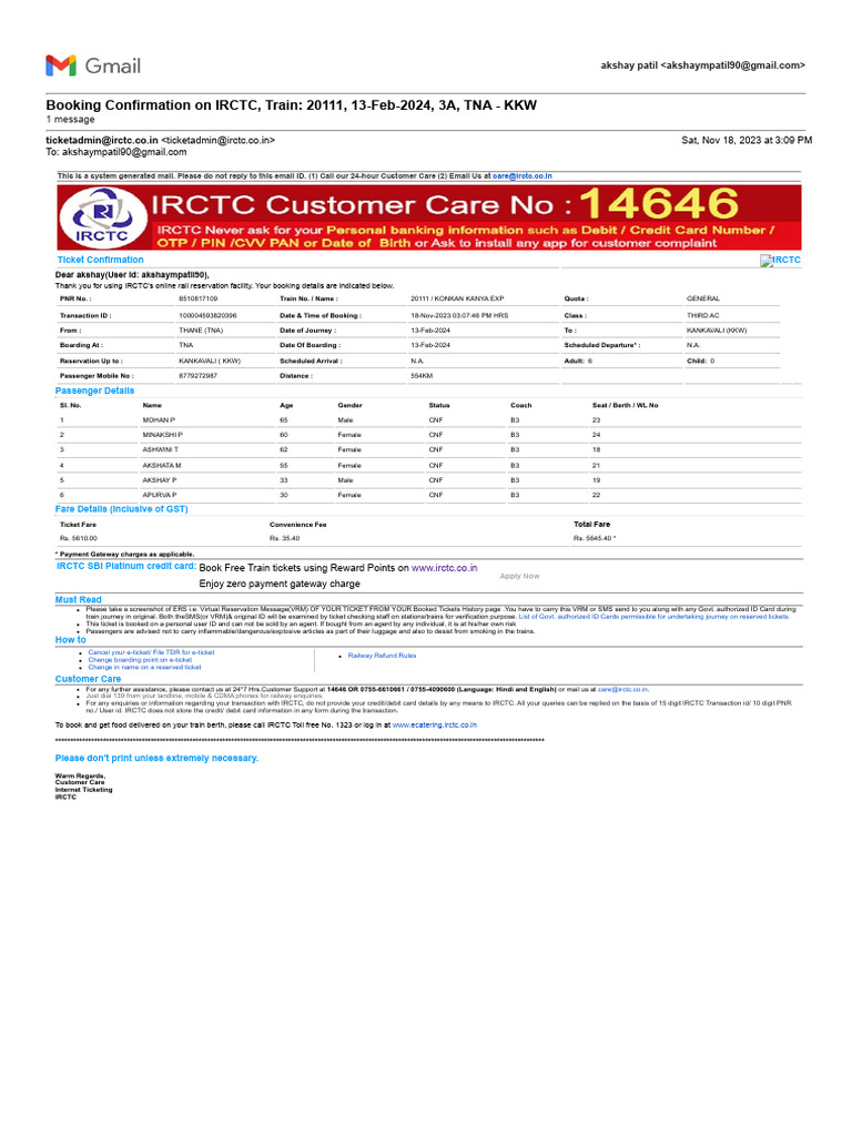 Gmail - Booking Confirmation On IRCTC, Train - 20111, 13-Feb-2024, 3A, TNA - KKW | PDF | Credit ...