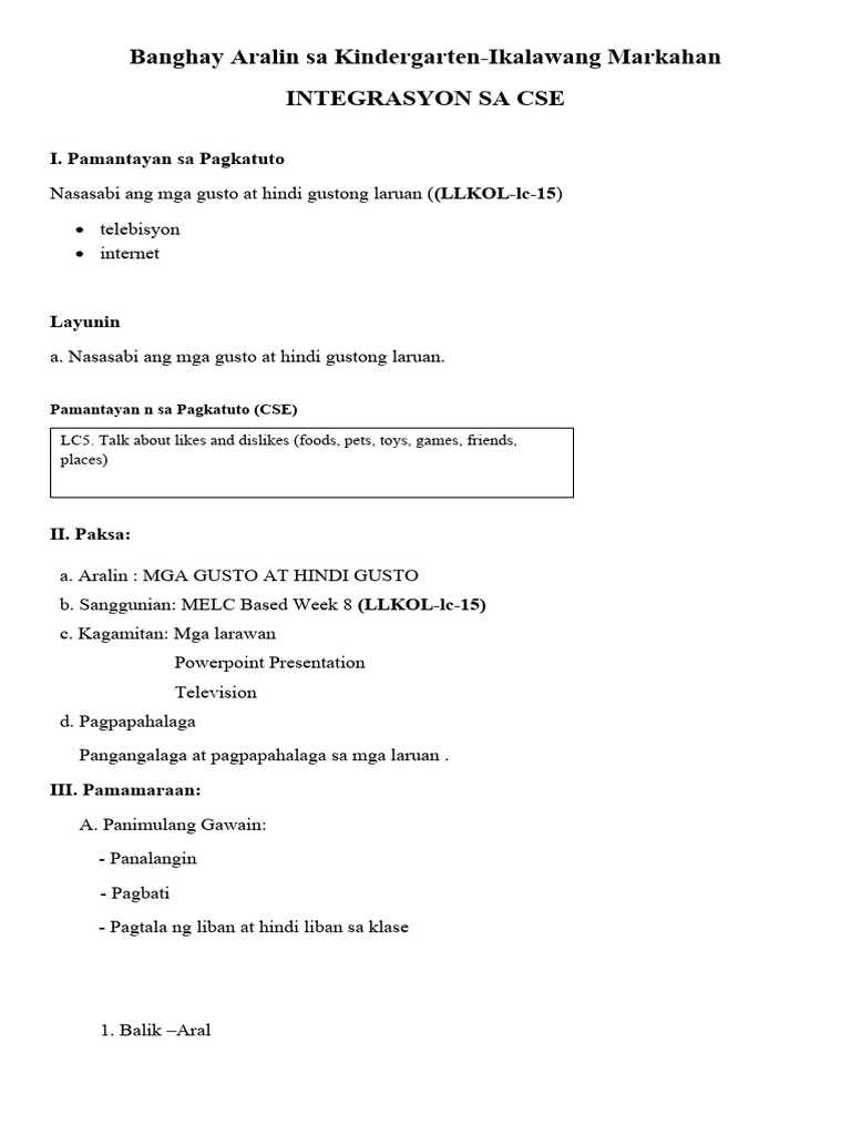 CSE GUSTO AT HINDI GUSTO LESSON PLAN KINDER | PDF CSE GUSTO AT HINDI GUSTO LESSON PLAN KINDER | PDF