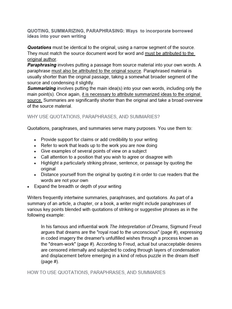 Quoting, Paraphrasing, Summarizing | Download Free PDF | Dream | Citation