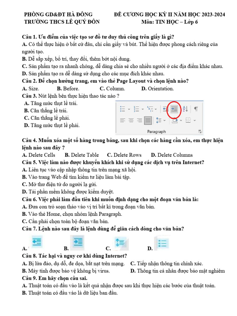 Đề Cương Kiểm Tra Tin 6 Ck2 2024 50 Tn | PDF