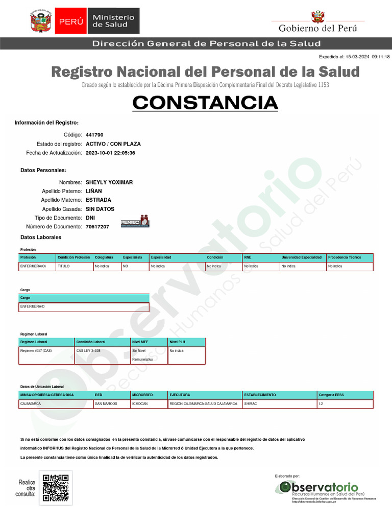 Constancia de Personal de Salud | PDF