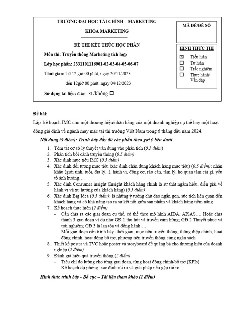ĐỀ THI KTHP - IMC - ĐT - HK3 - 2023 | PDF