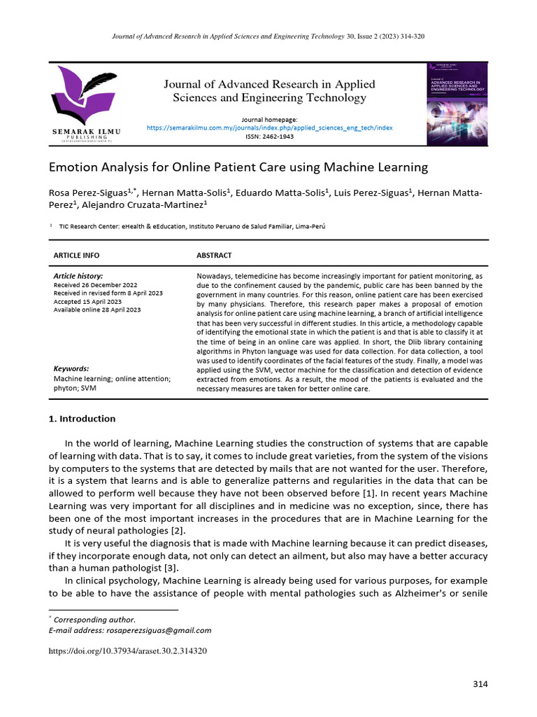 Emotion Analysis For Online Patient Care Using Machine LearningJournal of Advanced Research in ...