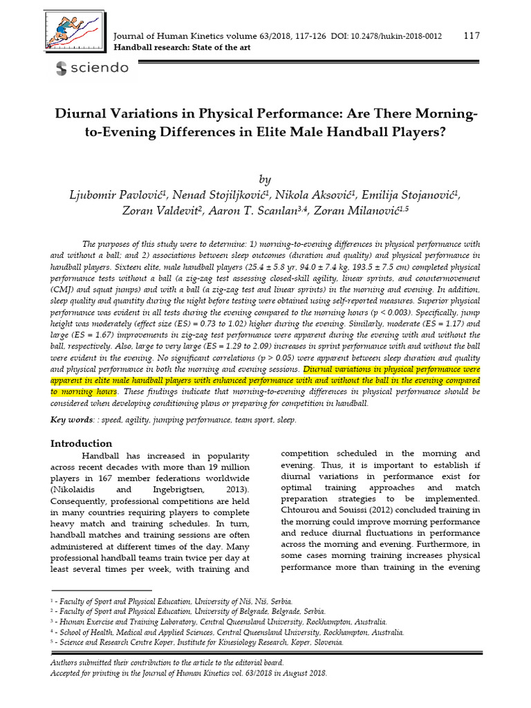 Diurnal Performance in Elite Handball Players | PDF | Effect Size | Sleep