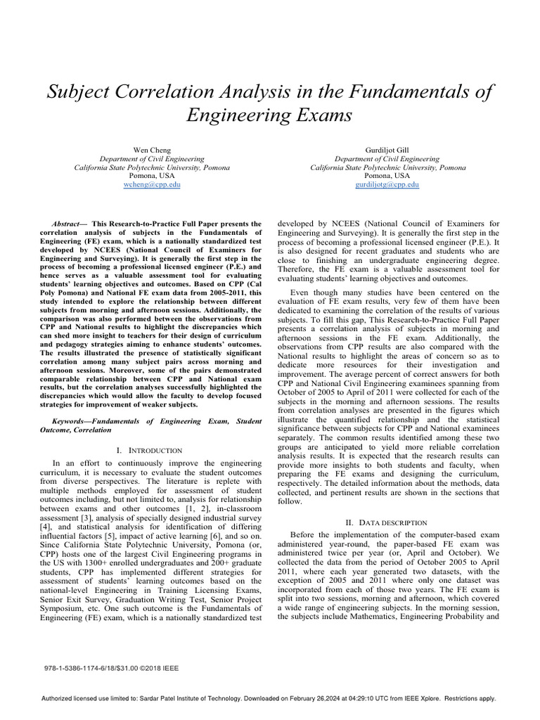 Subject Correlation Analysis in The Fundamentals of Engineering Exams | PDF