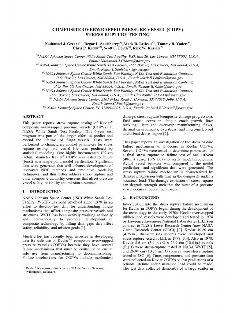 Composite Overwrapped Pressure Vessel (Copv) Stress Rupture Testing ...