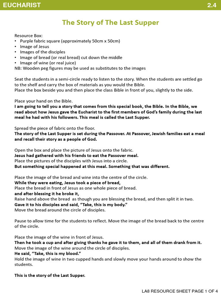 The Story of The Last Supper: La8 Resource Sheet Page 1 of 4 | PDF | Last Supper | Eucharist