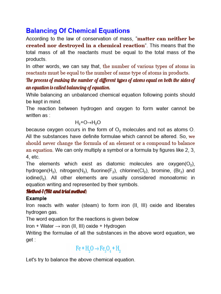 Part-3 - Balancing of Chemical Equations | PDF | Stoichiometry | Equations