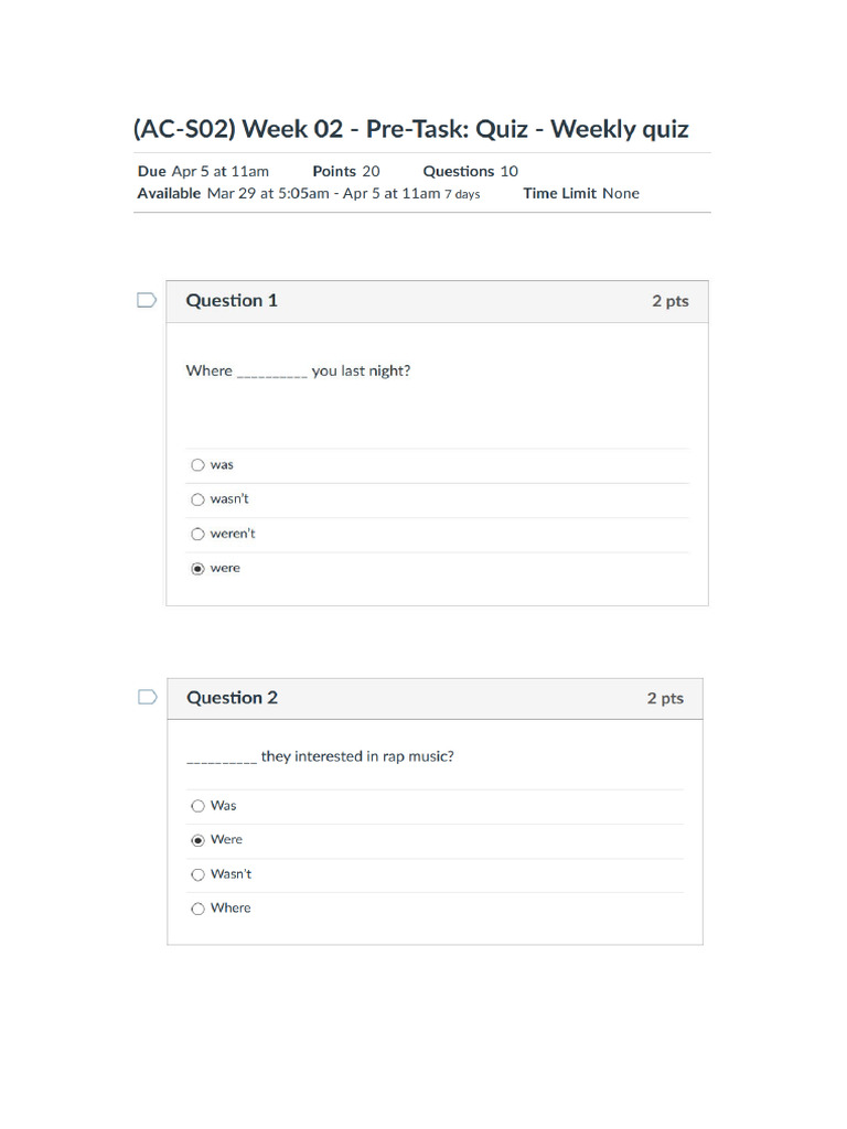 (AC-S02) Week 02 - Pre-Task - Quiz - Weekly Quiz | PDF