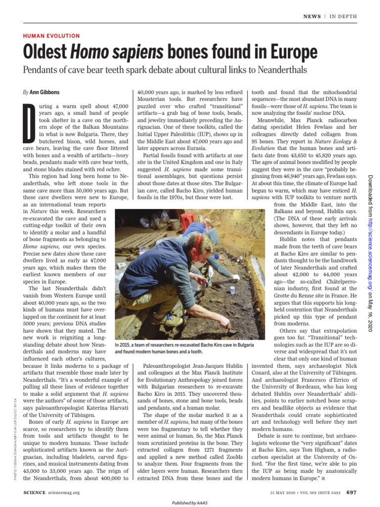 Oldest Homo sapiens bones found in Europe - 15MAY2020 - SCIENCE | PDF ...