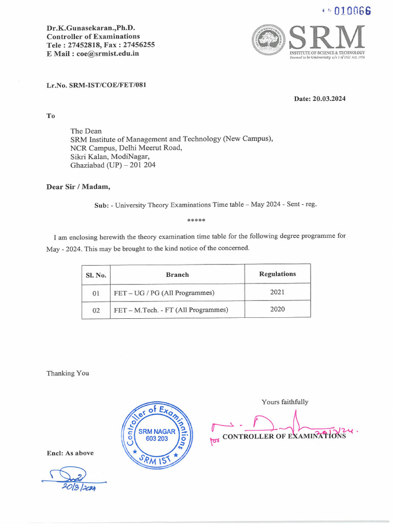 20.03.2024 - 010066 - Dean - IM&T - MDN - University Theory Exams Time Table-May 2024 Sent - Reg ...