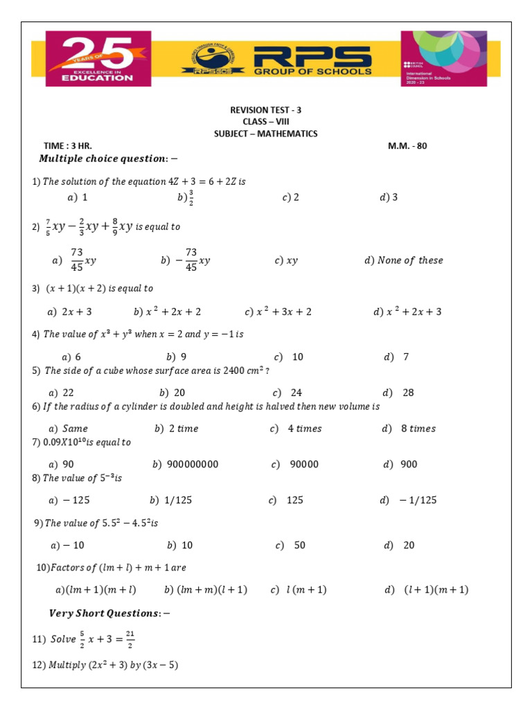 RT-3 maths 8th( 23-24) | PDF | Mathematics