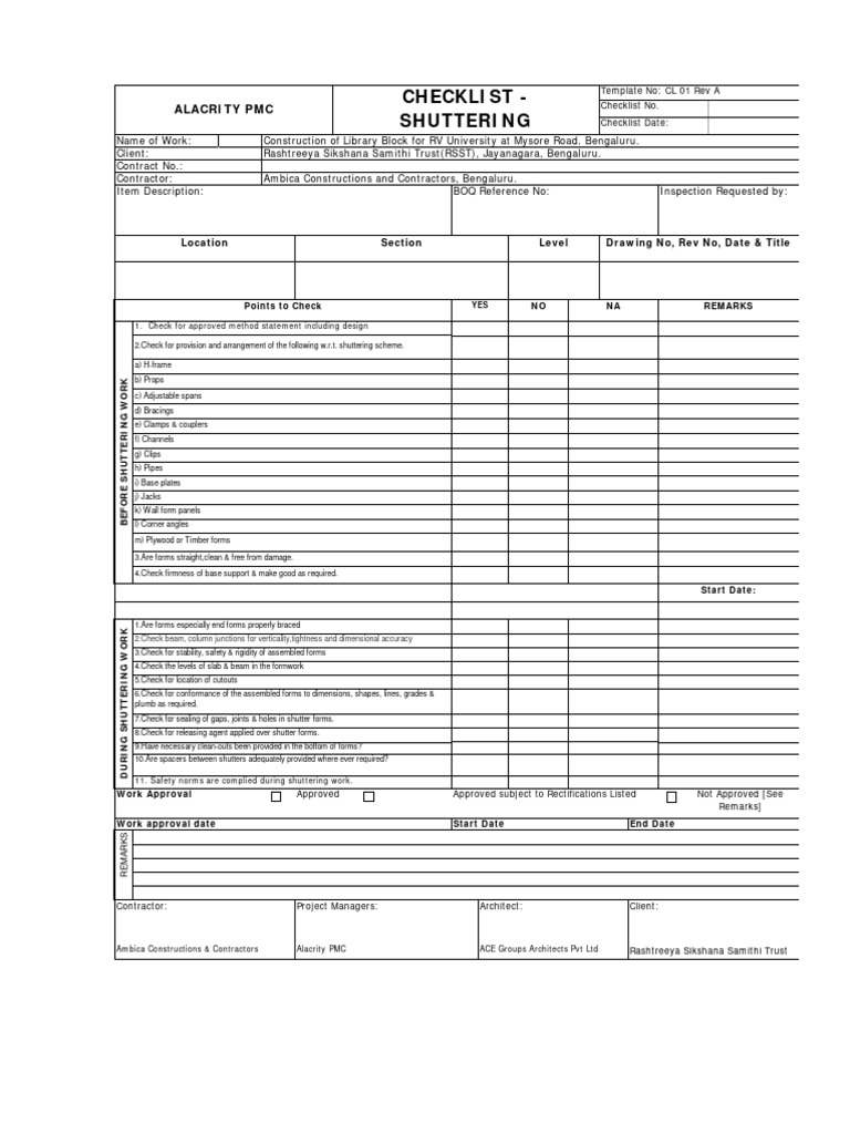 Checklist for shuttering work (civil) | PDF | Building Materials ...