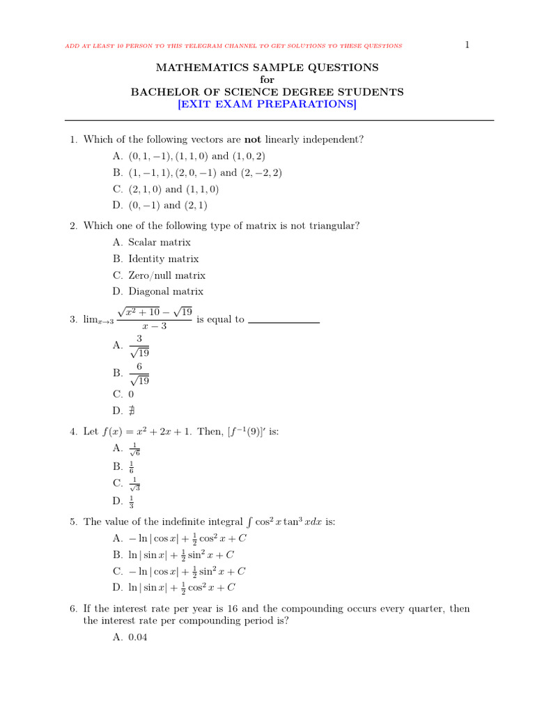Exit Exam Sample Questions | PDF | Matrix (Mathematics) | Applied ...