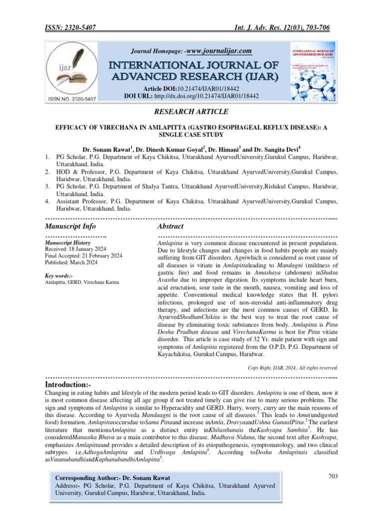 Efficacy of Virechana in Amlapitta (Gastro Esophageal Reflux Disease) : A Single Case Study ...