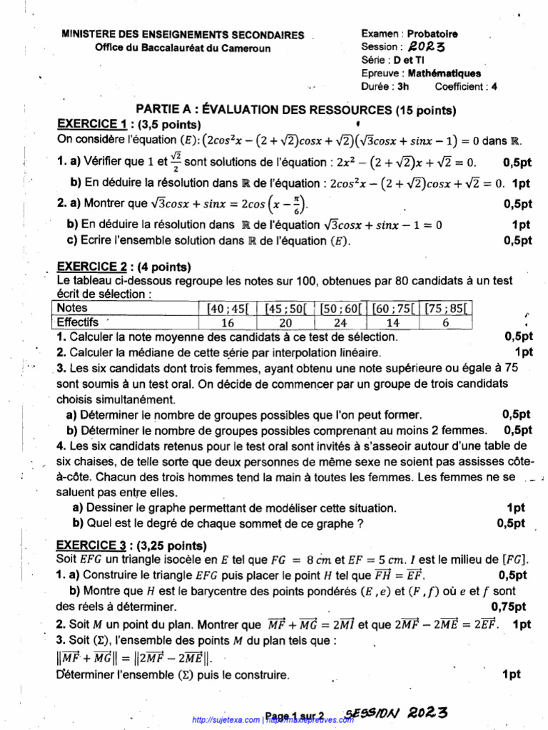 Epreuve Probatoire 2023 Mathematiques Serie D-Ti Cameroun | PDF ...